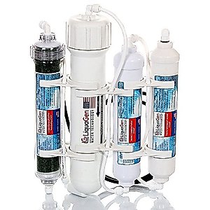 LiquaGen 4 Stage Reverse Osmosis and Deionization (RO/DI) Portable Space Saver Water Purification System | Water Filtration System for Aquarium Filter Processes + Manual Flush Valve (100 GPD)