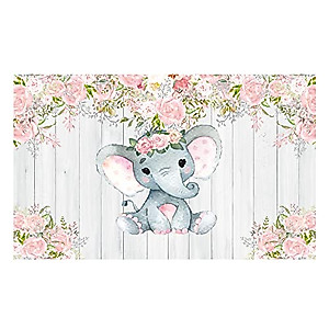 Allenjoy Rustic White Wood Elephant Backdrop Supplies for Baby Shower Pink Floral It's a Girl Newborn Kids Birthday Party Decorations Studio Cake Smash Candy Dessert Photography Banners Props