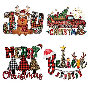 Christmas Iron On Transfers Decals Christmas Iron on Patches for Clothing 4Sheets Christmas Appliques Christmas Tree Car Deer Plaid Pattern DIY Christmas Heat Transfer Vinyl for Hoody Bag Covers