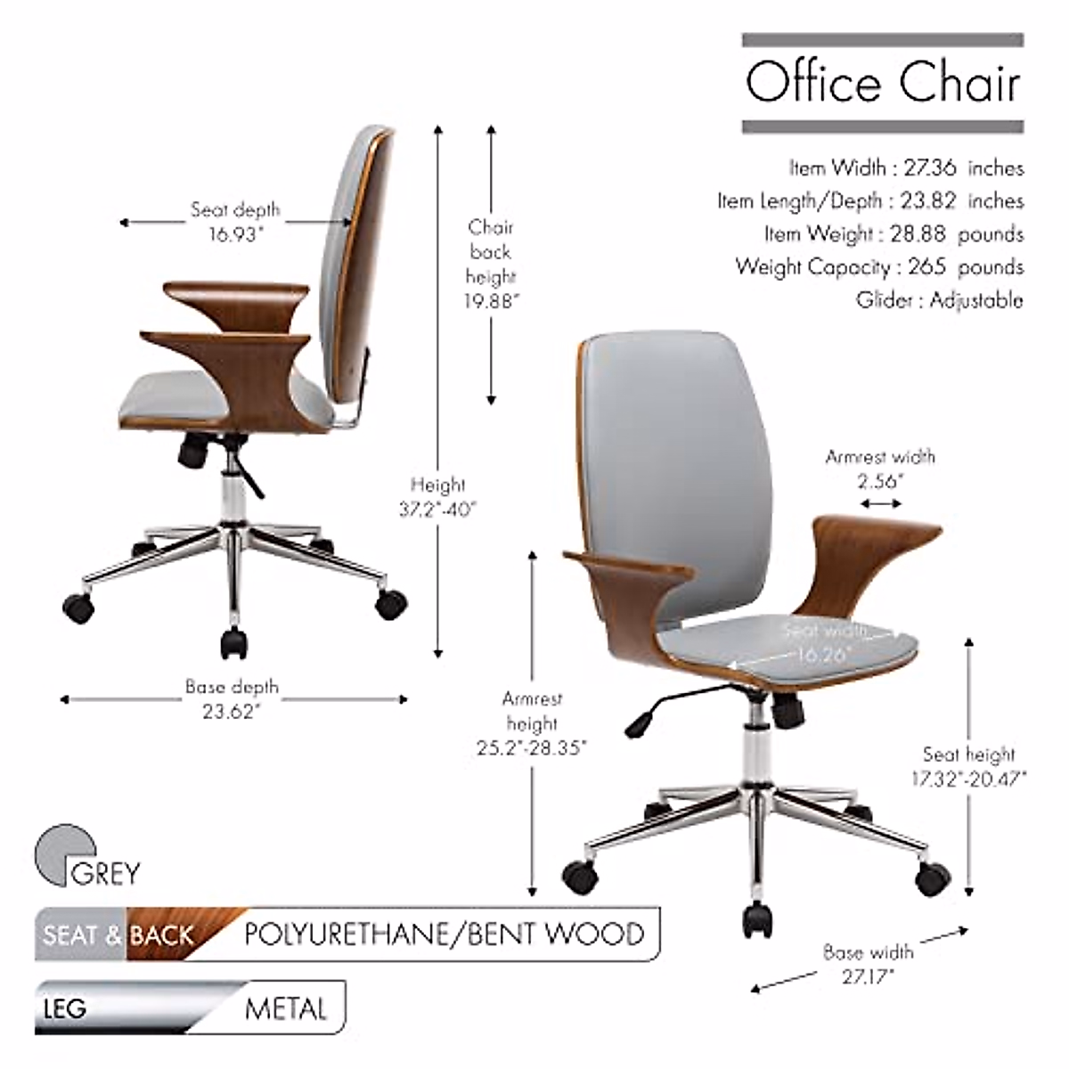 Porthos Home Lennon Comfortable, Stylish with Armrests, Height Adjustable, Ergonomic, Executive Wheels Retro Style Modern Office Chair Size 24 x 27 x 40, Grey