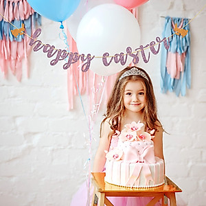 Happy Easter Banner - Happy Easter Garland,Easter Decors,Easter Bunting - Welcome Spring Easter Themed Party Banner - Purple Glitter