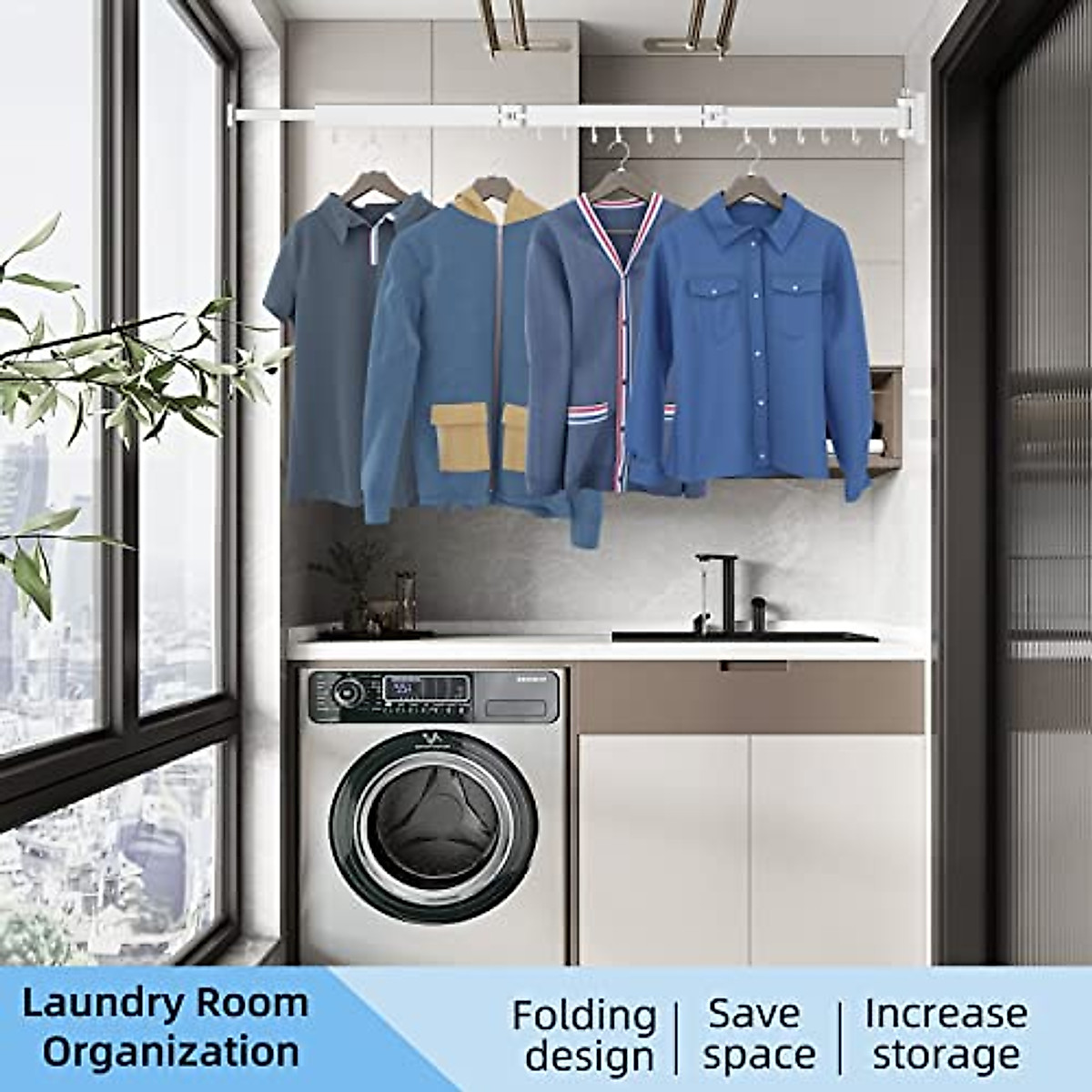 Kelisiting Retractable Clothes Drying Rack-3 Fold White Laundry Drying Rack,Wall Mounted Clothes Hanger,Space Saver,Foldable Durable,for Balcony,Laundry,Bathroom,Patio,Apartment,Dormitory