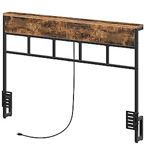 YATINEY Queen Size Headboard Only, Headboard for Queen Size Bed with Storage, Industrial Wooden Headboard with Outlet, USB and Type C Port, Adjustable Height, Sturdy and Stable, Rustic Brown and Black