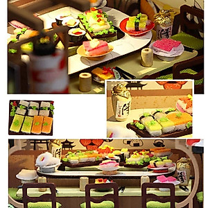 SYW DIY Miniature Dollhouse Kit with Furniture and LED Light，Japanese Sushi Shop Wooden Dollhouse, 1:24 Scale Creative Doll House Toys for Teen