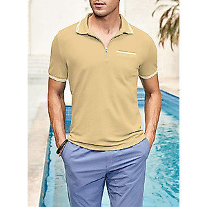 JMIERR Men's Zipper Polo Shirts Classic Lightweight Knit Striped Polos Shirt Casual Short Sleeve Golf Shirt for Men,US 43(L),Khaki