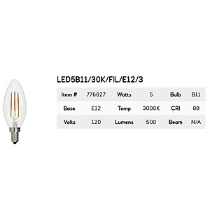 Bulbrite (Pack of 10) 776627 LED Filament Light Bulb, E12 Candelabra Base for Use in Chandeliers, Pendants and Sconces, 3000k Soft White Light, 5 Watts 500 Lumens, Fully Dimmable 10-Pack
