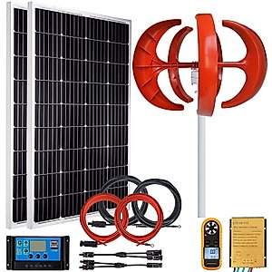 Pikasola Wind Turbine Vertical Axis Generator 200W12V + 2 PCS 100W 12V Monocrystalline Solar Panel Kits Suit for RV Marine Home Solar Wind Hybrid System