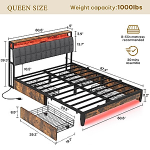 YITAHOME Queen Size Bed Frame with RGB LED Lights and 4 Drawers, Upholstered Platform Bed with Charging Station and Storage Headboard, No Box Spring Needed, Noise-Free, Fast Assembly, Rustic Brown