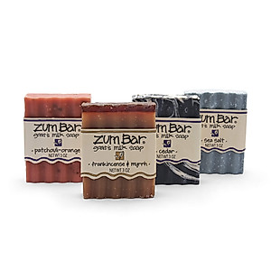 Zum Bar Goat's Milk Soap - Earth and Sea Blends - Frankincense and Myrrh, Sea Salt, Patchouli-Orange, Cedar - 3 oz (4 Pack)