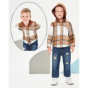 Renotemy Toddler Boy Outfits 2T Winter Outfits Size 3T Warm Little boy Clothes 2yr Old Fall Flannel Plaid Hooded Sweatsuit Denim Pants Sets Fall Baby Jeans Clothing 2T Boy Clothes 3T