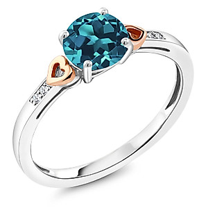 Gem Stone King 925 Silver and 10K Rose Gold London Blue Topaz and White Diamond Solitaire Engagement Ring For Women (1.36 Cttw, Round 6.5MM, Gemstone November Birthstone, Size 5)