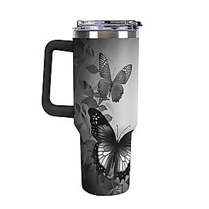 Black Gray Butterflies Insulated Stainless Steel Travel Mug, 40 Oz Tumbler with Handle And Straw Double-Wall Vacuum Coffee Cup, Leak-Proof Lid, Keeps Drinks Hot/Cold for Hours