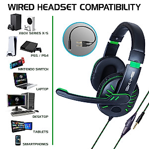 ENHANCE GX-H5 Gaming Headset with Microphone - Universal Gaming Headset for PS4, PS5, Xbox, PC, Switch with Adjustable Headband, Volume Controller, USB Sound-Isolating Earcups, Splitter Cable (Green)