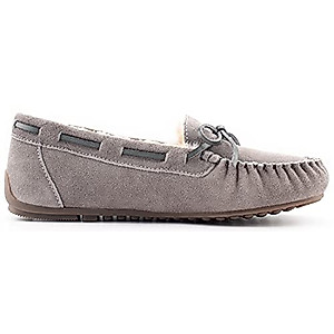 Parfeying Women's Sheepskin Moccasins Cow Suede Memory Foam Slippers Indoor Outdoor Shearling Winter Shoes,L20101 Grey 5US