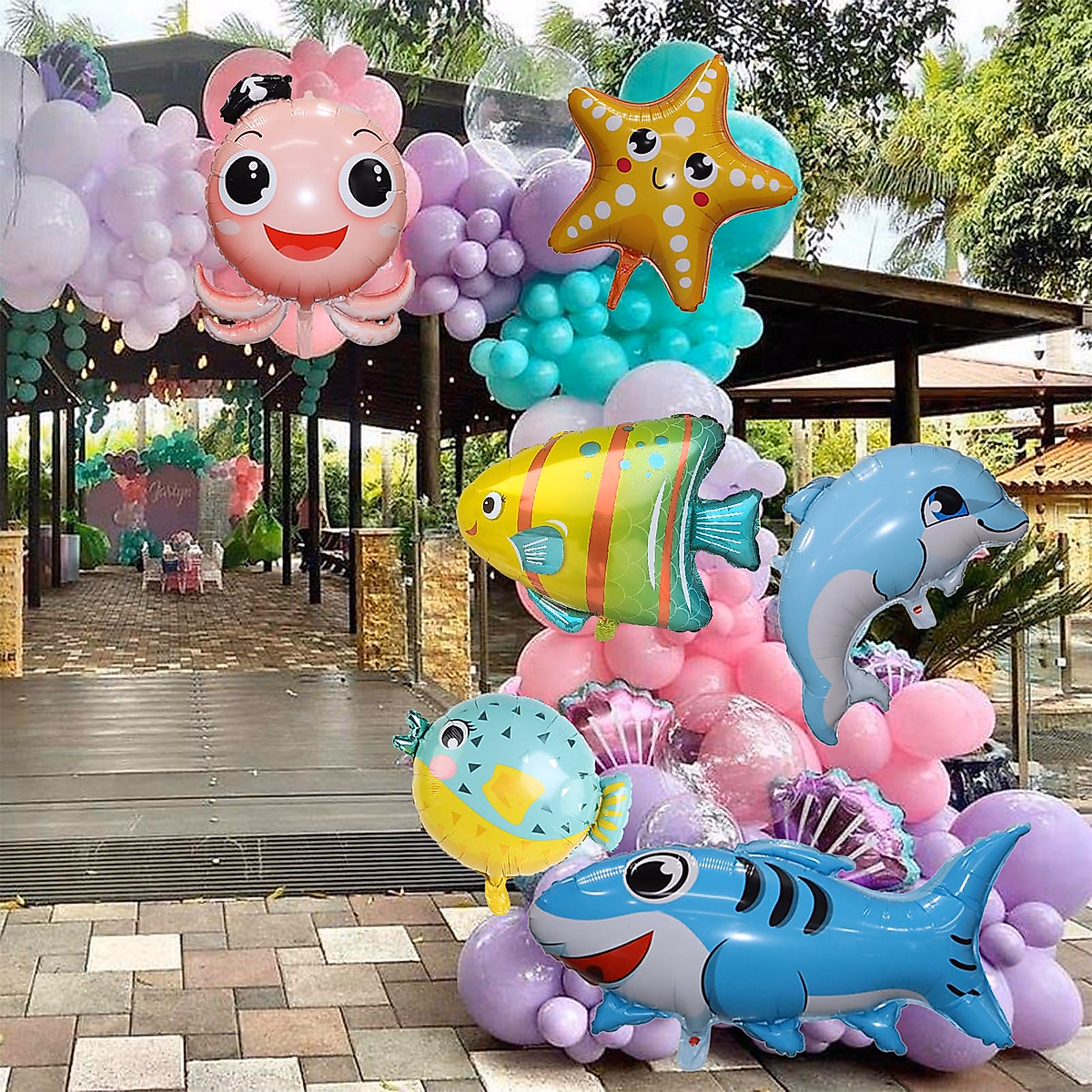 12 pieces Large Cute Sea Animal Balloons Octopus Shark Fish Dolphin Hippocampus Crab Scallops Foil Balloons for Boys Girls Sea Underwater Animals Theme Party Decoration