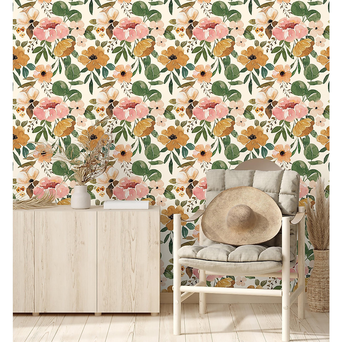 HAOKHOME Vintage Boho Floral Peel and Stick Wallpaper Peonies Removable Rose Beige/Pink/Oliva Vinyl Self Adhesive Contact Paper 17.7in x 9.8ft