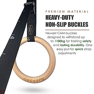 New Grey Fox Premium Numbered 1.1" Wooden Gymnastic Rings with Adjustable Straps Olympic Size: Chalk, Non-Slip Buckle |Full Body Suspension |Bodyweight Calisthenics |Home Gym Equipment |Fitness Gifts
