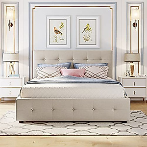 SIYSNKSI Modern Queen Size Platform Bed with 2 Drawers and 1 Twin XL Trundle, Upholstered Platform Bed Frame with Wood Slats and Headboard, Linen Fabric Storage Bed (Dark Beige-Queen-4)