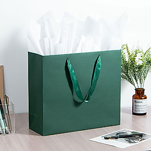 Umoofine Large Green Gift Bag with Ribbon Handles 12 Pack, 12.6x4.5x11 inches Extra Large Blackish Dark Green Gift Bag , Reusable Heavy Duty Deep Green Kraft Bag Paper Bags Bulk for Shopping, Wedding,