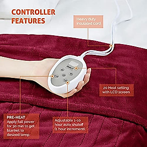 Degrees of Comfort Electric Blanket Queen Size | Heated Blankets with Dual Control | Auto Shut Off, 20 Heating Levels, Machine Washable, Red, 84Wx90L