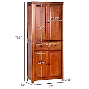 HOMCOM 72.5" Pinewood Large Kitchen Pantry Storage Cabinet, Freestanding Cabinets with Doors and Shelf Adjustability, Soft-Close Mechanism, Living Room & Dining Room Furniture, Mahogany