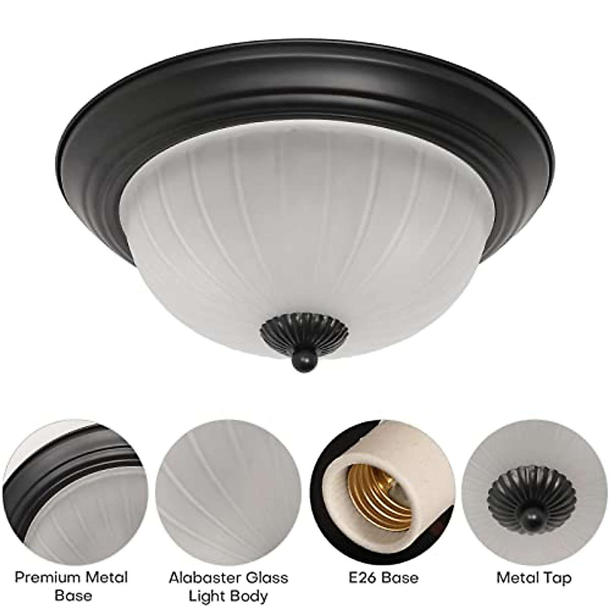 Farmhouse Indoor Flush Mount Ceiling Light Fixture Vintage Dome Flushmount 2-Light with Alabaster Glass for Bedroom Hallway Kitchen Dining Room (Round)