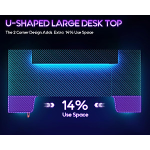 MOTPK Gaming Desk with LED Lights, 60 Inch U Shaped Desk with Power Outlet, Gaming Computer Desk with Storage Shelves, PC Gaming Table with Monitor Stand&Headphone Hook, Carbon Fiber Texture, Black