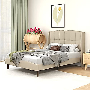 AGARTT Upholstered Platform Full Size Bed Frame with Geometric Headboard No Box Spring Required Anti-Slip Beige Linen