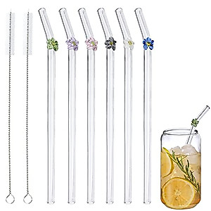 KIGOTWIN Reusable Glass Straw with Flower ,Colorful Shatter Resistant Bend Straws Cocktails Bar Accessories with Cleaning Brush (8), Blue,Green,White,Grey,Pink,Purple