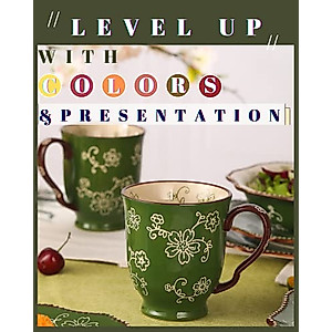 KUNABOO Artisanal Ceramic Mugs, Ceramic Coffee Cups, Coffee Mug Set of 2-11 oz -Sakura Floral Series Pine Green - Ready to Wrap Gift