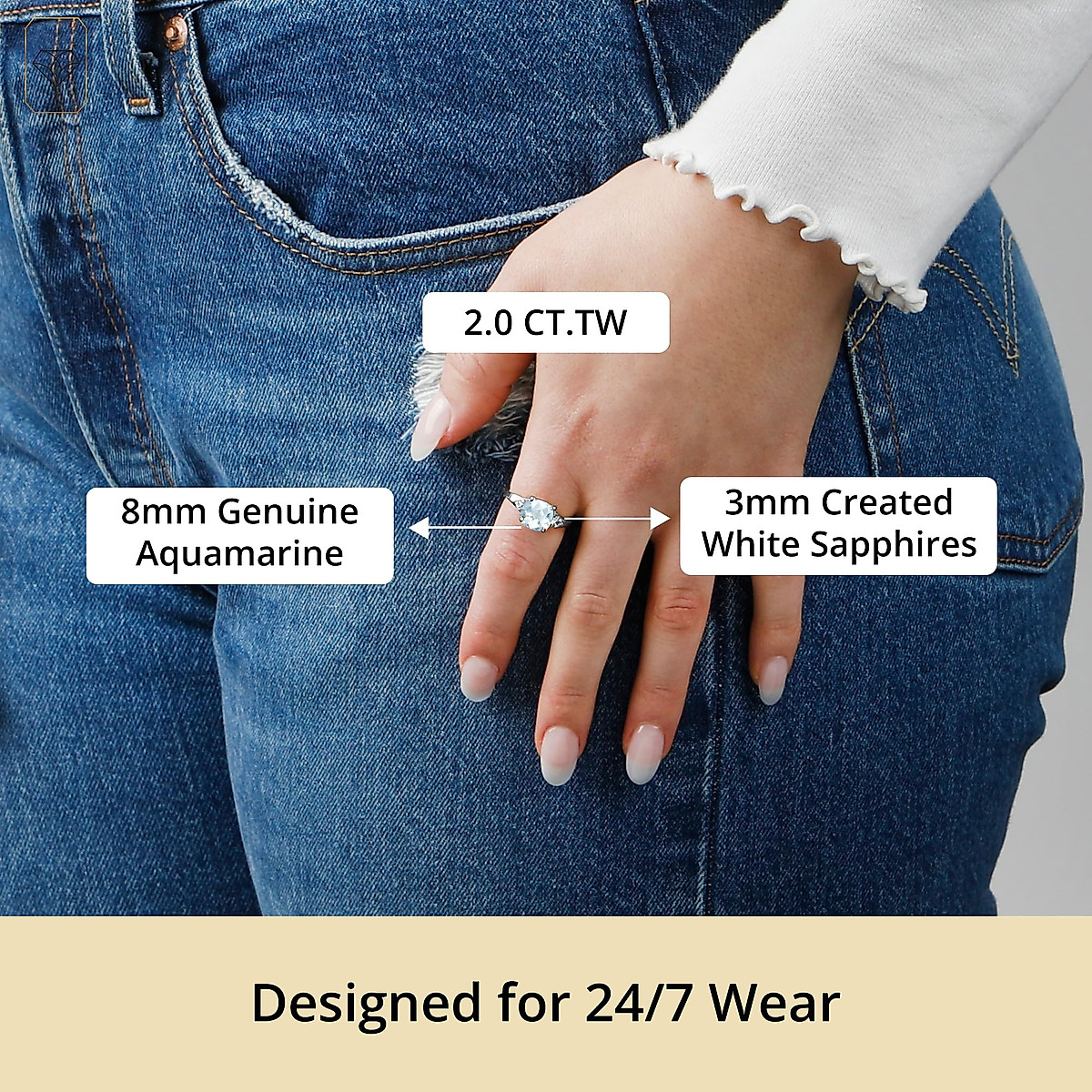 MAX + STONE Cushion Cut Blue Aquamarine Three Stone Ring for Women in 10k White Gold with Created White Sapphire Accents and March Birthstone Size 6