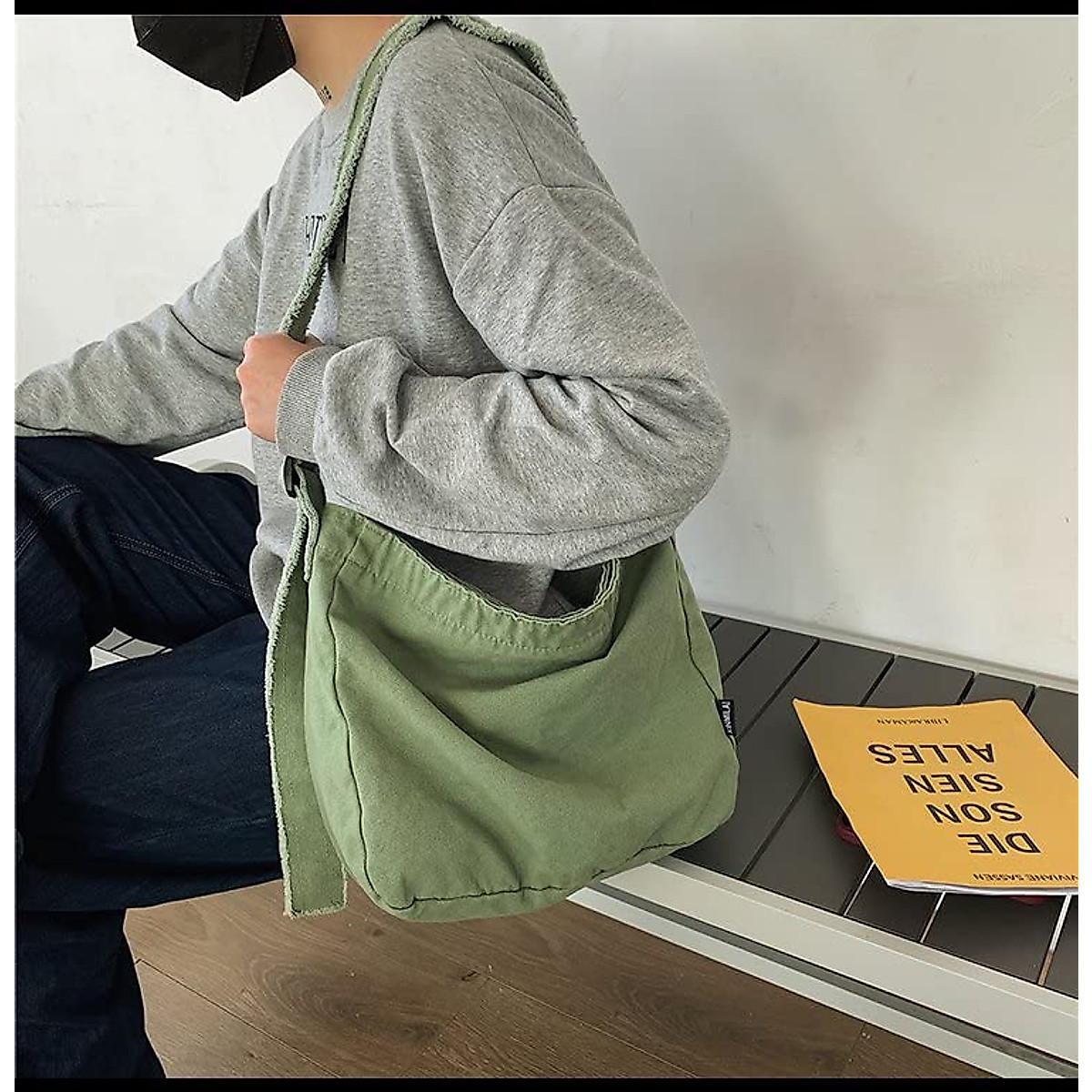 Y2K Aesthetic Canvas Shoulder Bag, Large Capacity Hobo Retro Crossbody Bag, Fairy Grunge Handbag for School (Green)