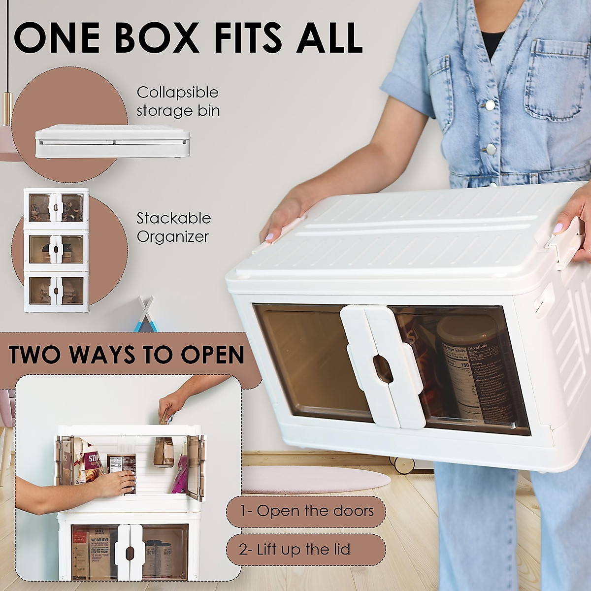 Keszi's Choice 3 Tier Collapsible Plastic Storage Bins with Lids, Wardrobe Closet Organizer, Stackable Storage Bins, Foldable Plastic Storage Container with Doors and Lids 8.5 Gallon each (3 PACK)