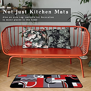 Red Black Grey White Kitchen Rug Set of 2, Modern Abstract Kitchen Floor Mat Rugs Carpet- Geometric Black White Red Kitchen Decor and Accessories Home Decoration- 17x30 and 17x47 Inch