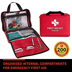 Protect Life First Aid Kit for Home/Business | HSA/FSA Eligible Emergency Kit | Hiking First aid kit Camping | Travel First Aid Kit for Car|Small First Aid Kit Travel/Survival Medical kit - 200 Pieces