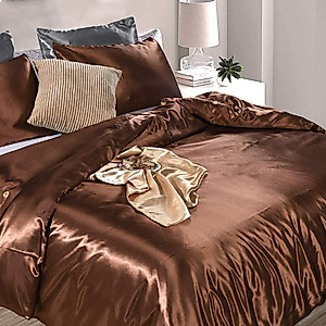 ABP Collection Duvet Set - Full, Chocolate Soft Silky Satin Duvet Cover Sets (1 Button Closure Duvet Cover, 1 Fitted Sheet with 18" Deep Pocket, 2 Pillow Shams) 4 Pieces Duvet Cover Set