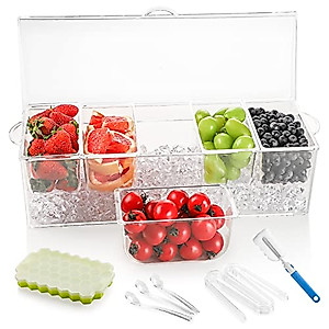 BELIBUY Condiment Server, Ice Chilled 5 Compartment Server CadCondiment Server,Condiment Containers with Lids, 5 Compartment Ice Chilled Caddy Clear Condiment Caddy with Iced Cube Fruit Serving Trays