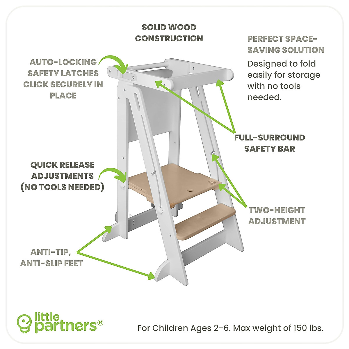 Little Partners® Learning Tower Foldable Toddler Tower Baby Kitchen Stool - Kitchen Helper Stool Adjustable Ladder for Kids Ages 2 to 6 (White w/Natural)