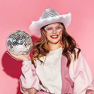 Zhanmai 6 Set LED Cowboy Hat Light Up Glitter Cowboy Hat with Sunglasses Sequin Space Cowgirl Hat for Women Men Costume Accessories (Gray)