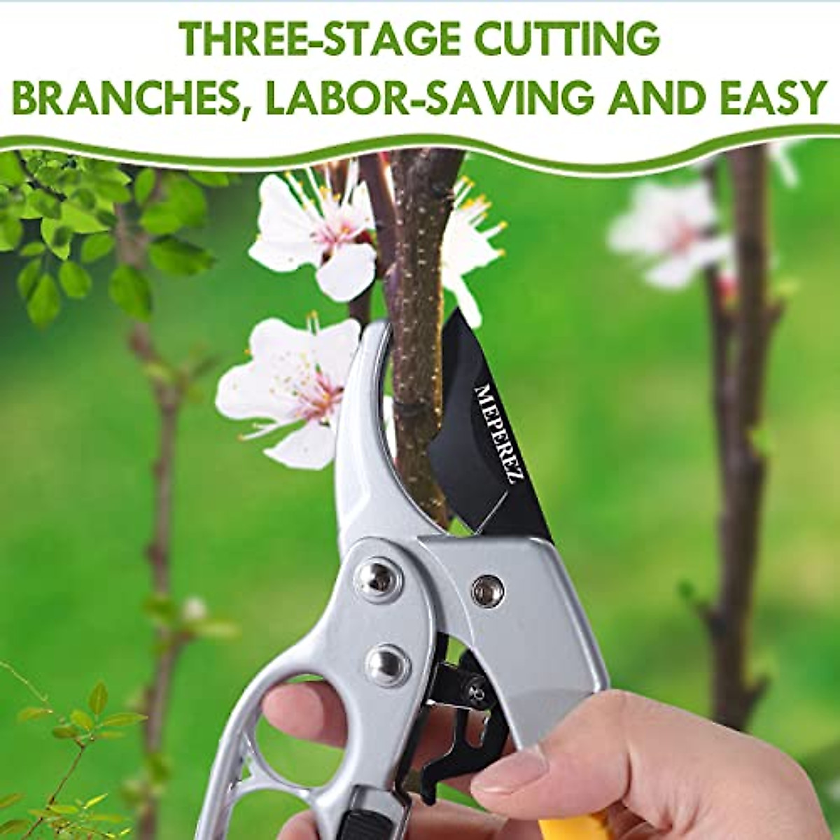 MEPEREZ Garden clippers, Ratchet pruning shears for gardening, Work 3 times easier, Hand pruners, Cutting rose, floral, tree, live plants, Sharp, Durable trimming scissors, Arthritis weak hand snips