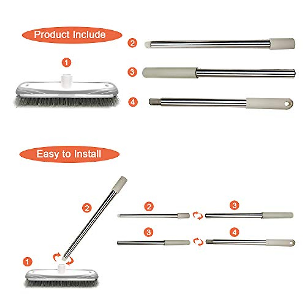 IZSOHHOME Push Broom,Tub Tile Broom Brush,Stiff Bristles Broom for Shower Cleaning, Patio, Kitchen,Grout and Garage,Indoor Outdoor Cleaning Brush,Adjustable Stainless Steel Long Handle-46.5"…