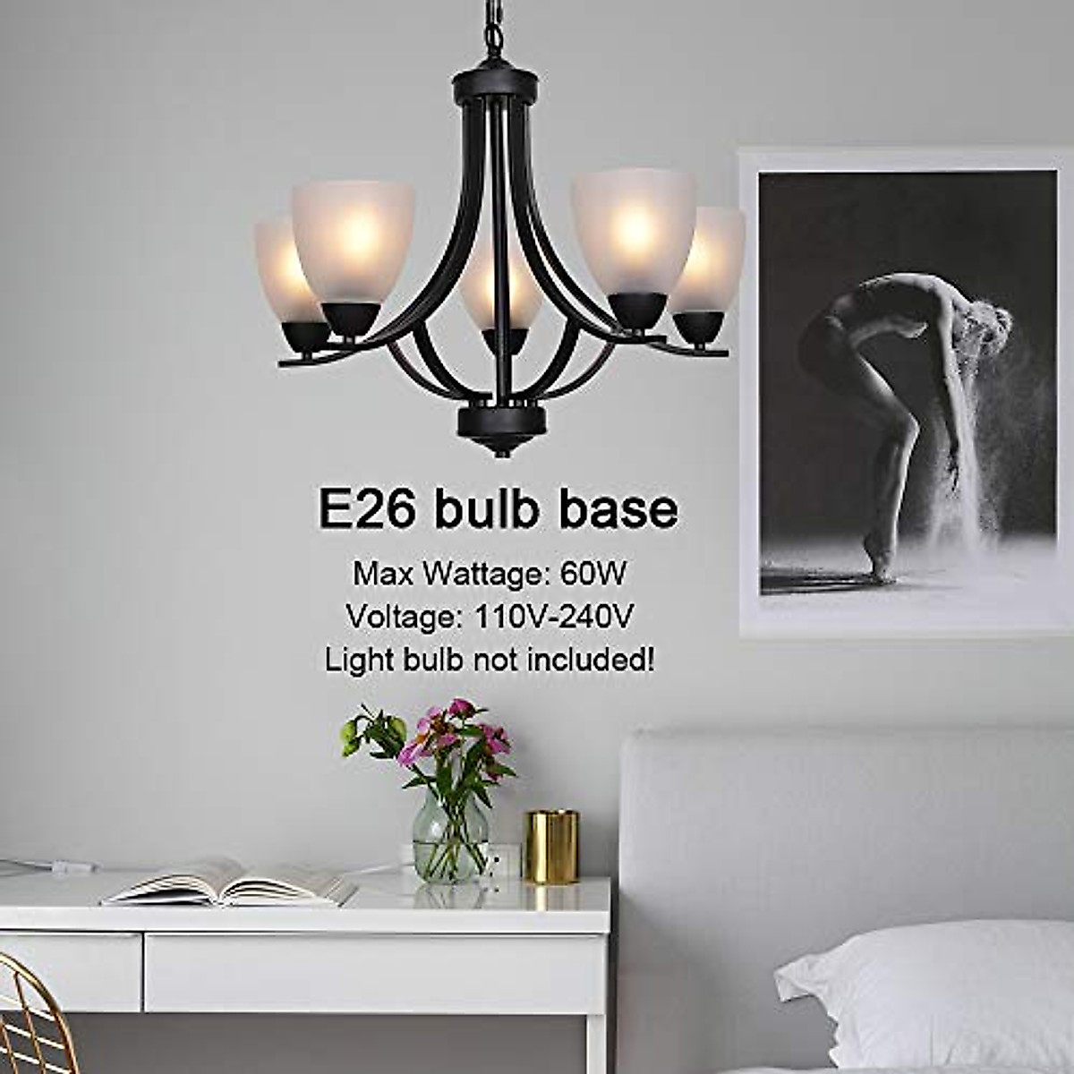 VINLUZ 5 Light Shaded Contemporary Chandeliers with Alabaster Glass Black Rustic Light Fixtures Ceiling Hanging Mid Century Modern Pendant Lighting for Dining Room Foyer Bedroom Living Room