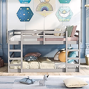 Bunk Beds Full Over Full Low Bunk Bed Frame Wood Floor Bunkbed for Kids Toddlers Boys Girls Teens’ Bedroom Dorm, Gray