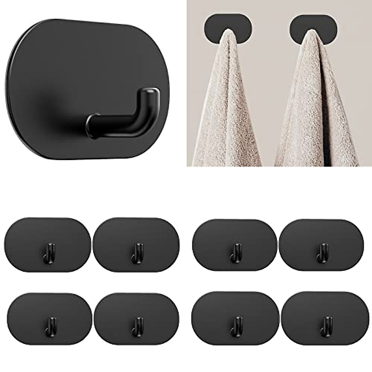 Adhesive Hooks Heavy Duty Stick On Wall Hooks Stainless Steel Kitchen Bathroom Hooks Rust-Proof Metal Hooks for Hanging Keys, Hat, Towel Robe, Black, Pack of 8