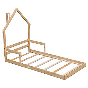 Dolonm Twin Size Floor Bed with House-Shaped Headboard and Handrails, Wooden Bed Frame with Slats, Gift for Bedroom Decor, Twin Size (Natural Wood)
