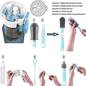 Baby Bottle Brush&Travel Baby Bottle Drying Rack-Portable Baby Bottle Cleaning Silicone Brush, Bottle Cleaner Brush Kit,Toddler Kids Water Bottle Brush Set,New Mom Gifts for Women After Birth (Blue)