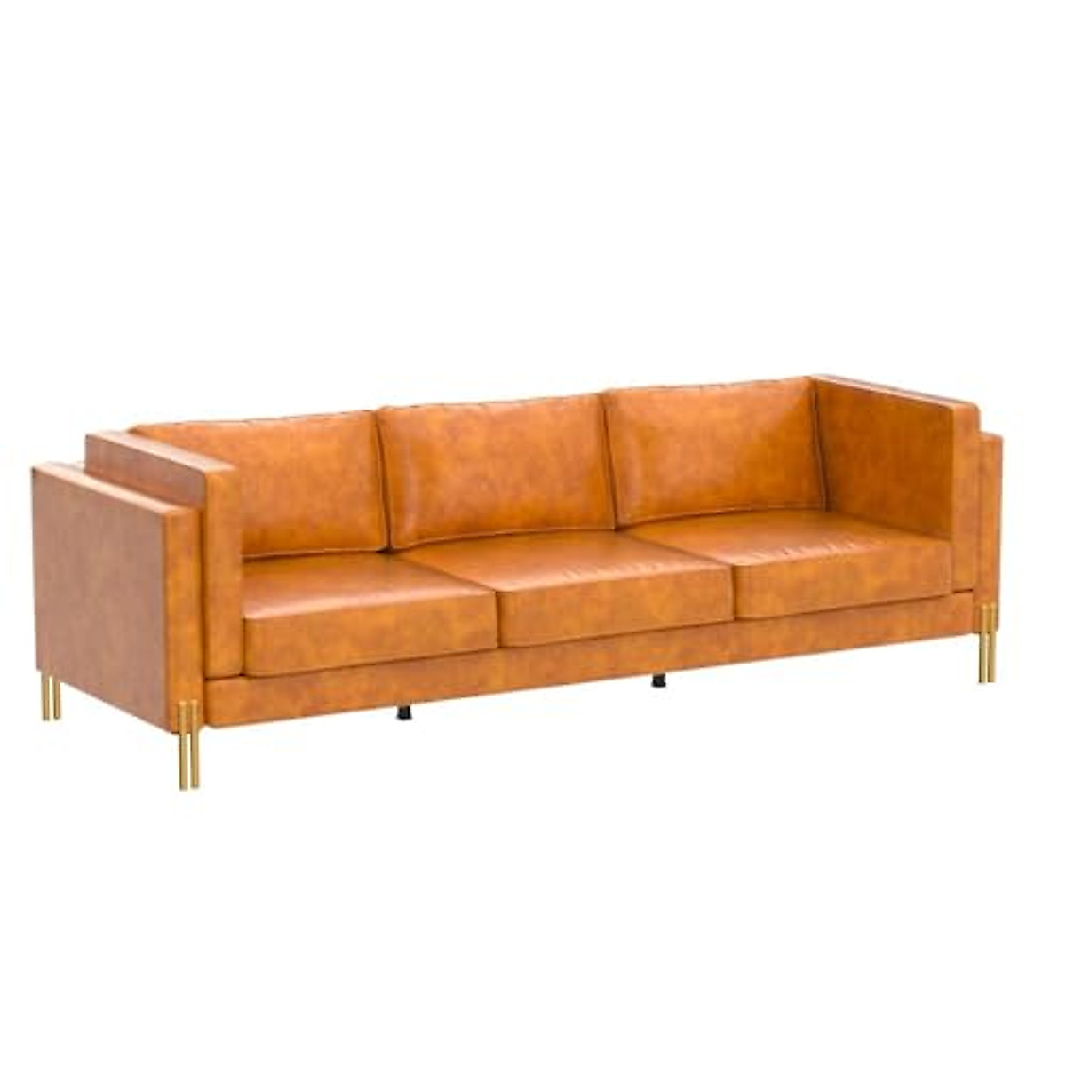 Hommoo Faux Leather Sofa 94" Large 3 Seater Sofa with Removable Cushions Mid Century Modern Couch for Living Room Comfy Couch with Gold Metal Legs Apartment Couch Brown