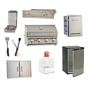AMS BULL grill 30" Outlaw BBQ Grill with BULL single Side Burner, 30" Double Doors, Single Drawer, Trash/Propane Drawer, Refrigerator and FREE 5in1 BBQ Tools (Liquid Propane) FREE Bio-Ethanol Table-top Fire pit