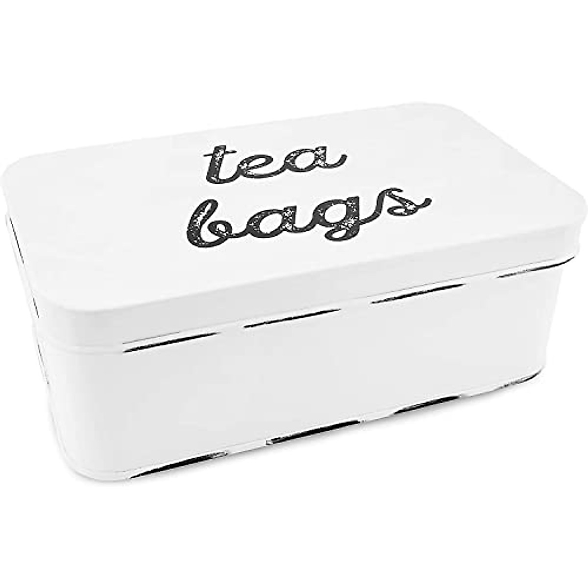 AuldHome Farmhouse Tea Bag Box (White), Vintage Retro Style Enamelware Tea Storage Tin