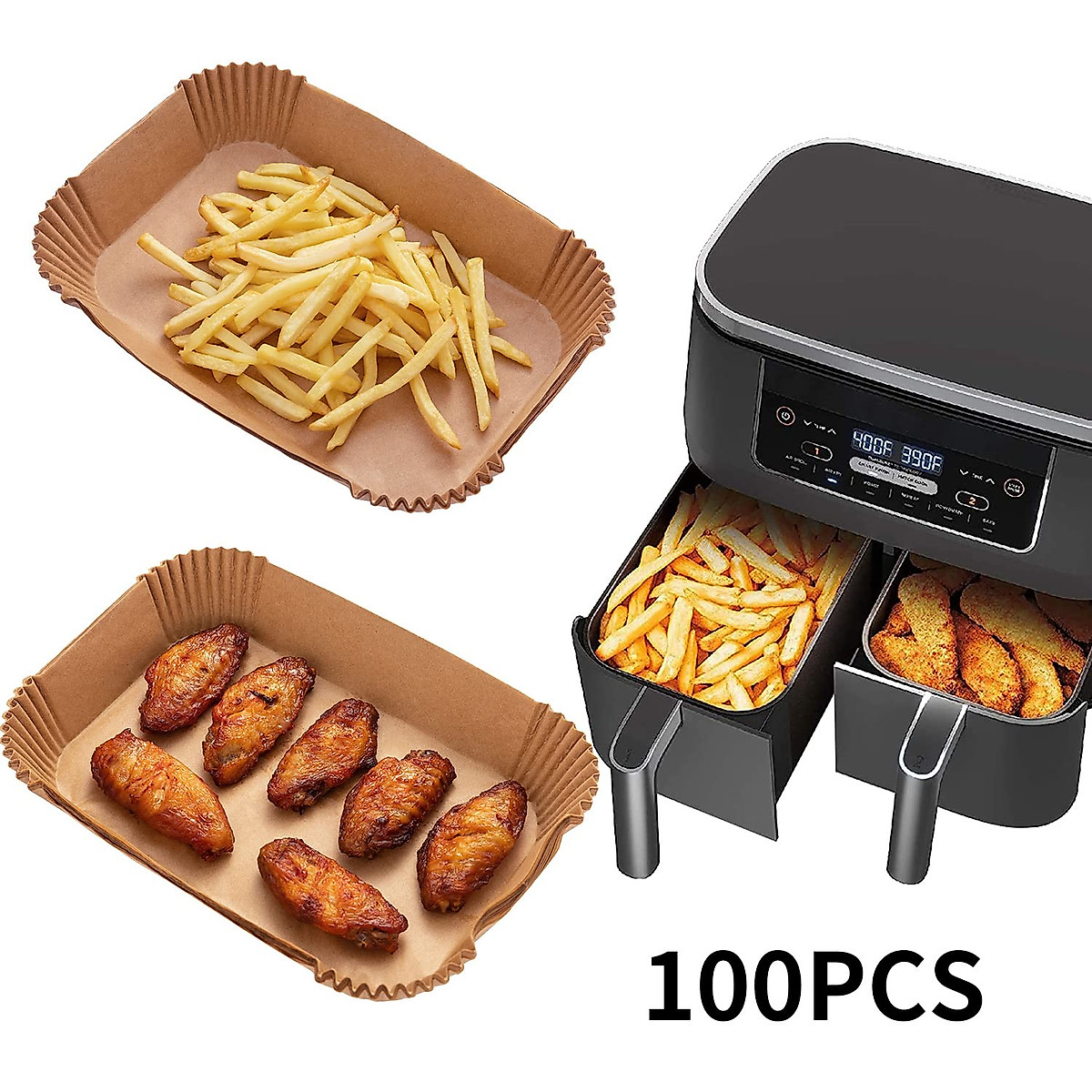 Air Fryer Disposable Paper Liner for Ninja Dual,100PCS Food Grade Air fryer Parchment Liners for Ninja DZ201,Ninja Foodi Dual Air Fryer Accessories Baking Paper (9 * 6, Natural)